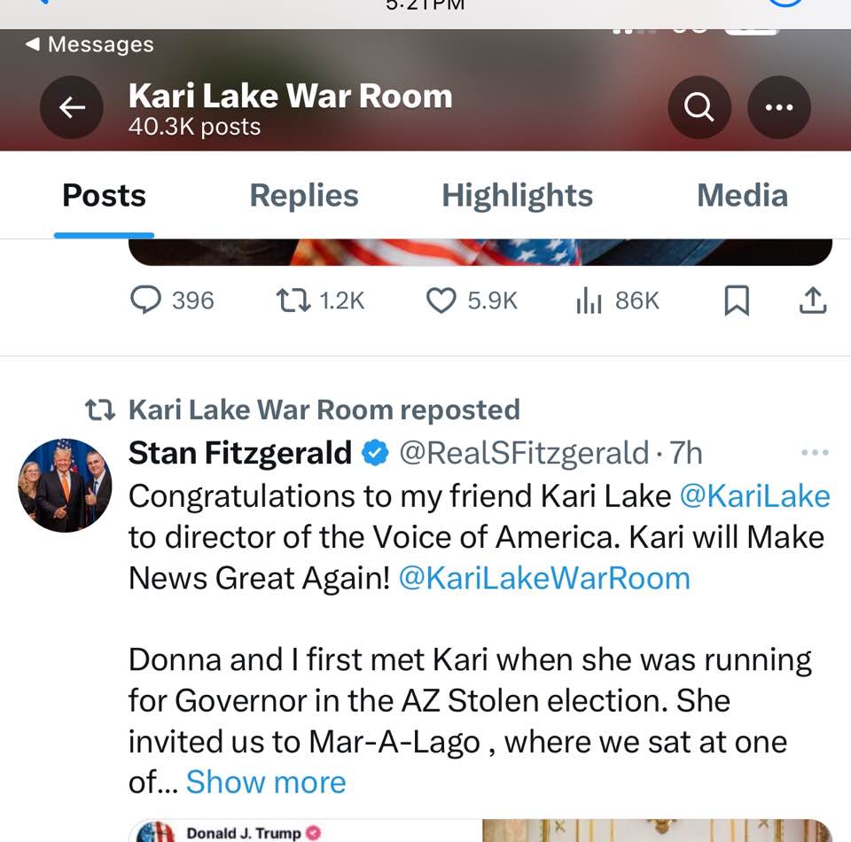 Kari Lake Re-Shares Stan Fitzgerald’s Congratulatory Tweet on her Appointment to the Trump ...
