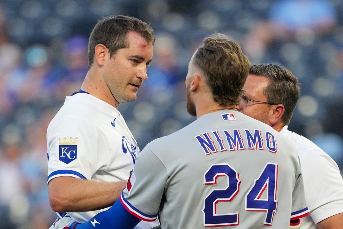 Royals RHP Seth Lugo takes liner off forehead, exits game vs. Rangers ...